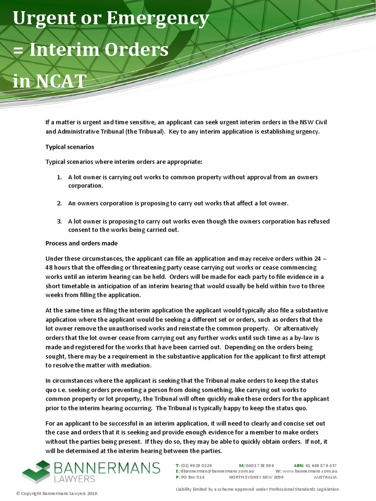 Urgent or Emergency Interim Orders in NCAT 07062019 | PDF | Public Law ...