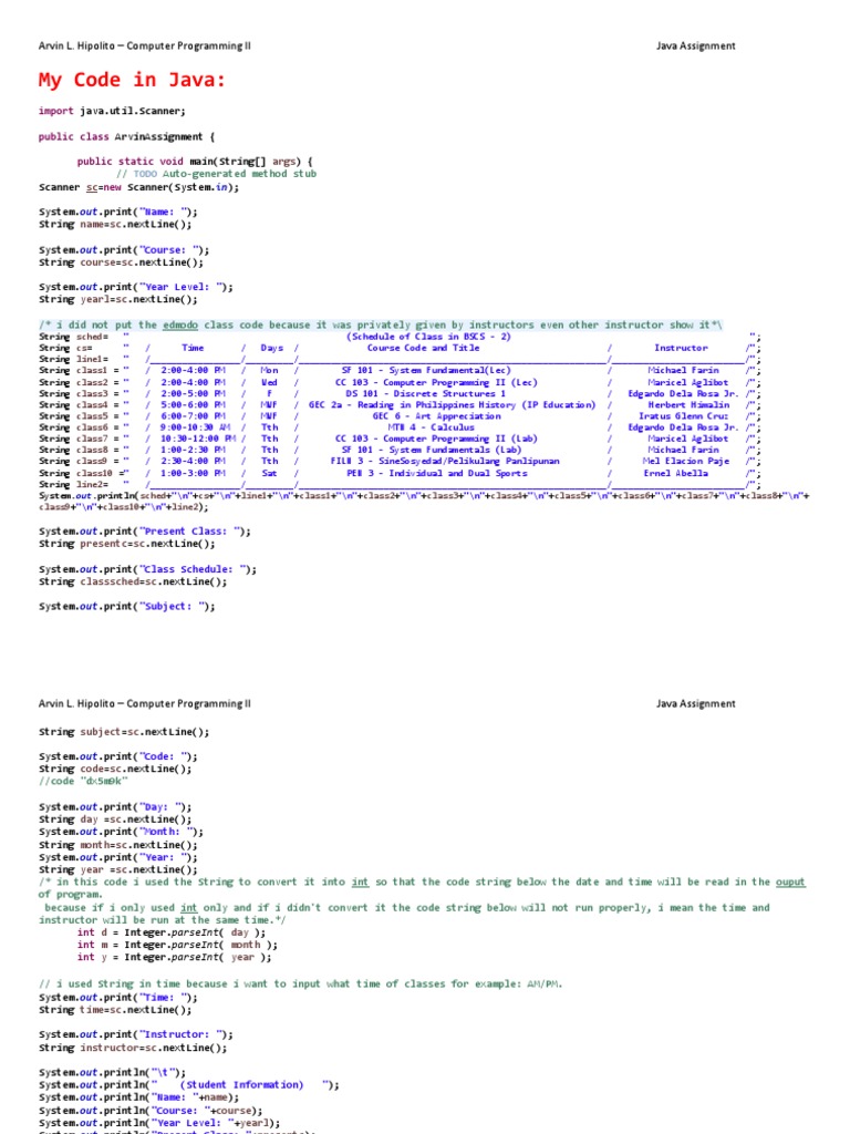 Java Program - Assignment - Arvin L. Hipolito BSCS - 2 | PDF | Input/Output | String (Computer ...