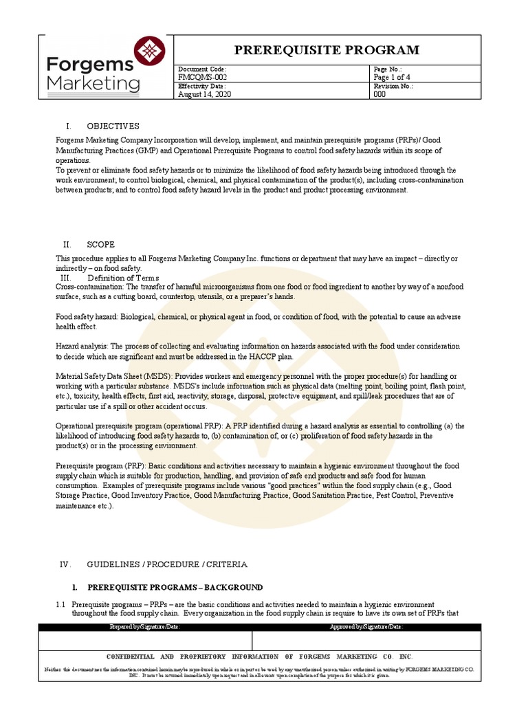 FMCQMS-002 Prerequisite Program | PDF | Food Safety | Hygiene