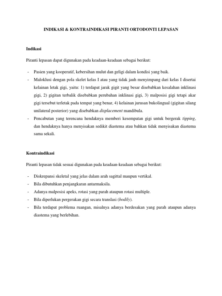 Indikasi & Kontraindikasi Piranti Ortodonti Lepasan | PDF