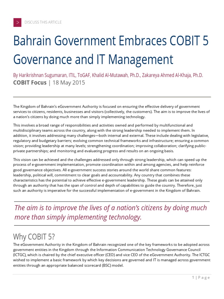Bahrain Government Embraces COBIT 5 Governance and IT Management | PDF ...