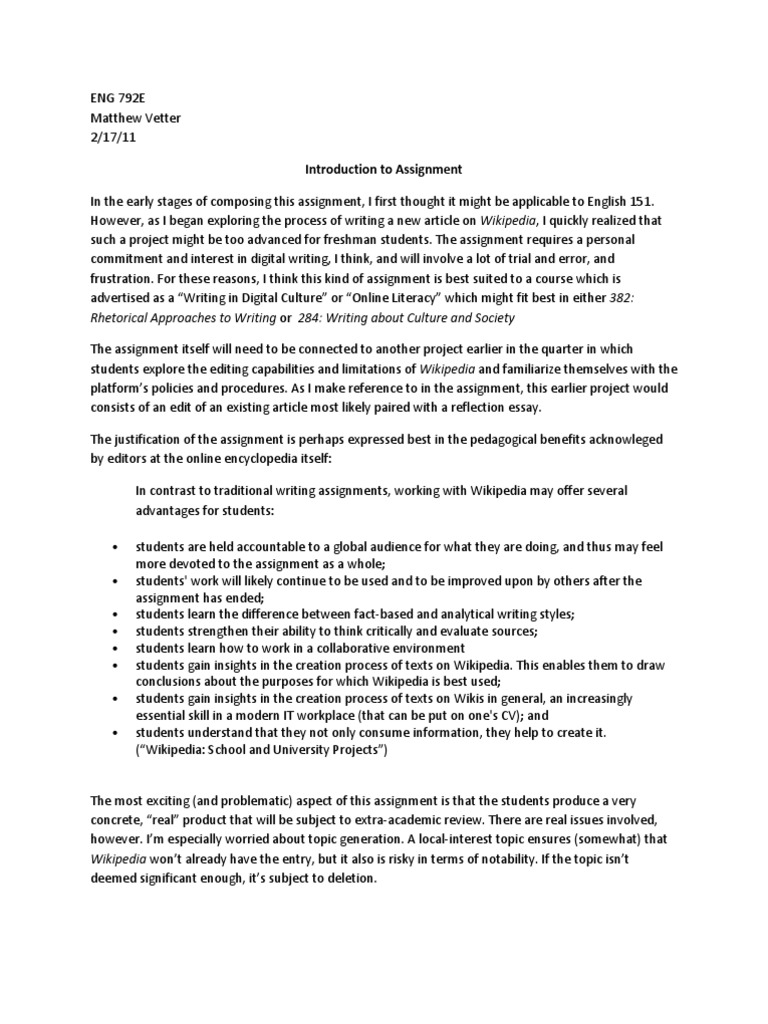 Introduction To Assignment Wikipedia Encyclopedias 