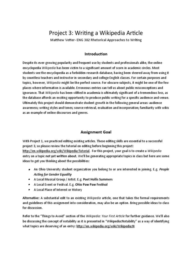 Project 3: Writing A Wikipedia Article: Matthew Vetter-ENG 382 ...