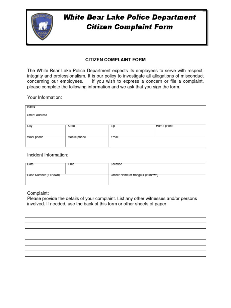 White Bear Lake Police Complaint Form | PDF