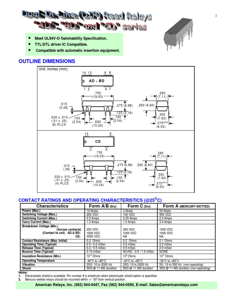 Dual in Line (Dip) Reed Relays | PDF | Relay | Force
