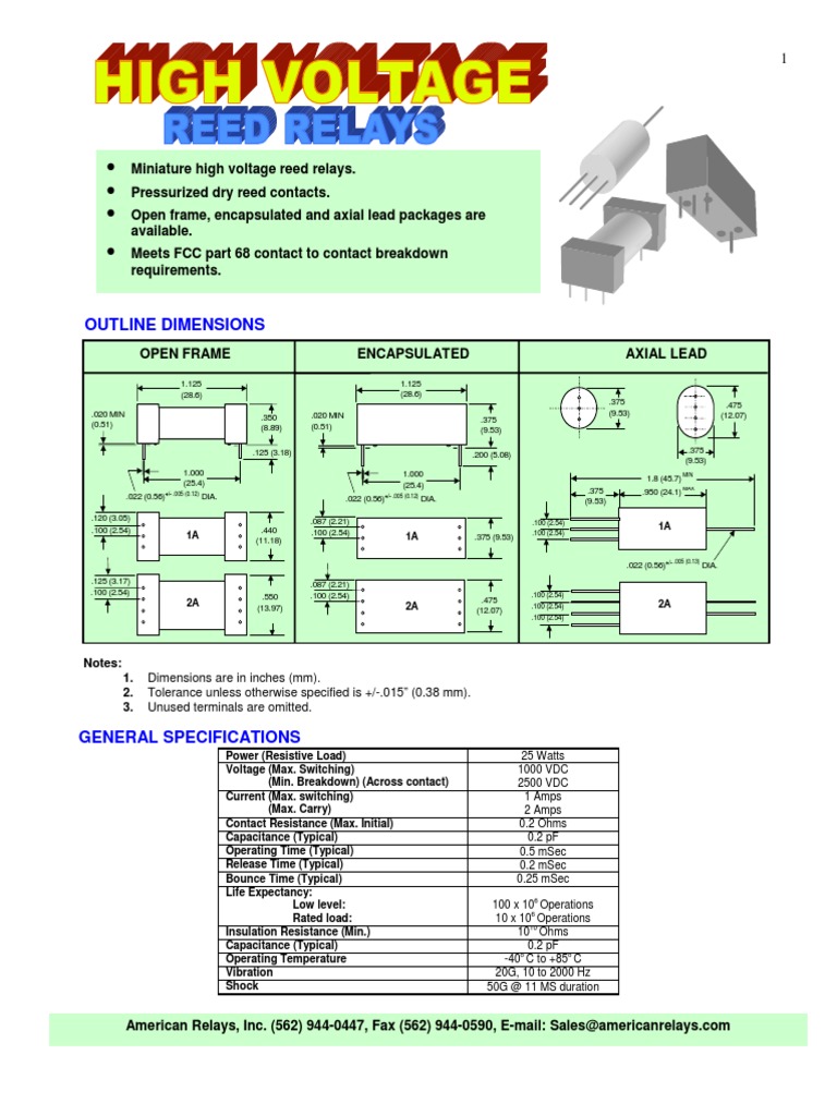 Specifications and Dimensional Drawings for Miniature High Voltage Reed ...