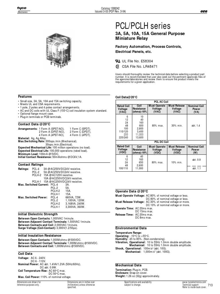 Miniature General Purpose Relay Specification Sheet: PCL/PCLH Series 3A ...