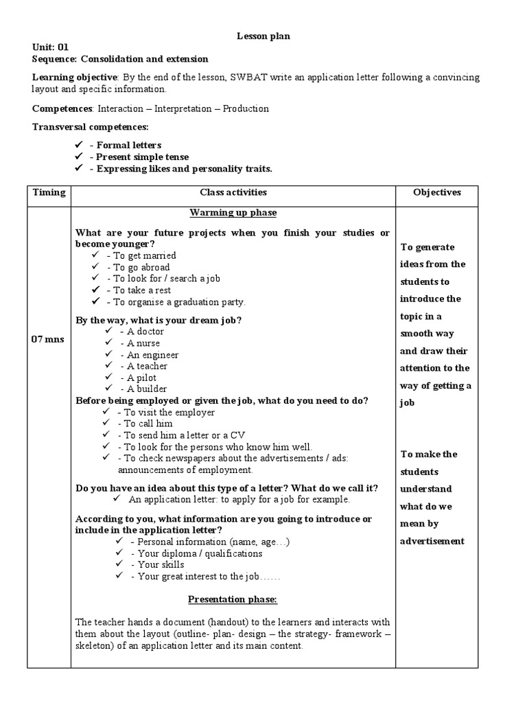 Lesson Plan On Application Letters | PDF | Lesson Plan | Teaching
