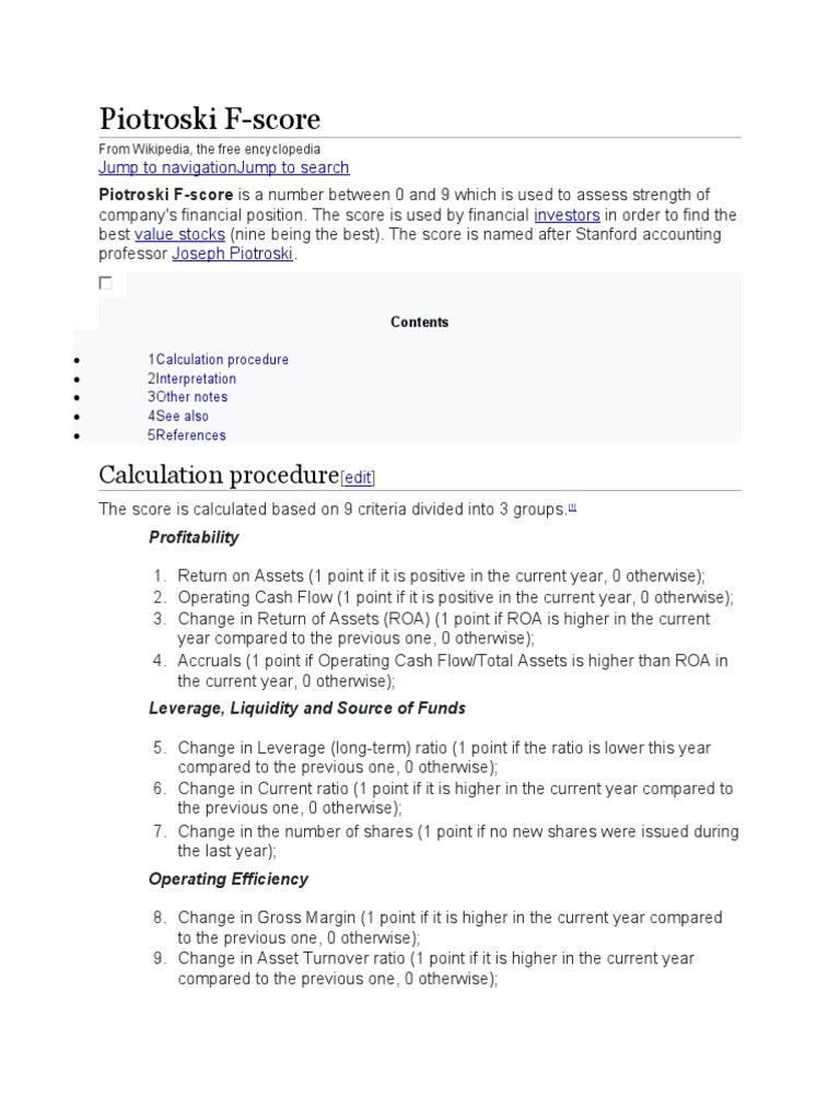 Piotroski F-Score: Calculation Procedure | PDF | Value Investing ...