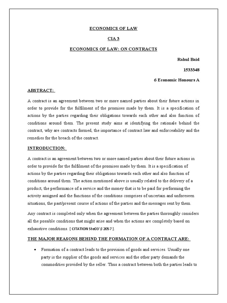 Economics of Law Cia 3 Economics of Law: On Contracts Rahul Baid ...