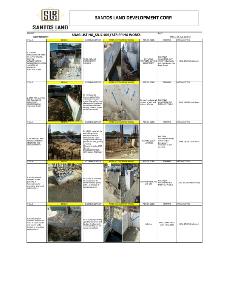 Snag Listing SN-S001-0 | PDF | Concrete | Building Technology