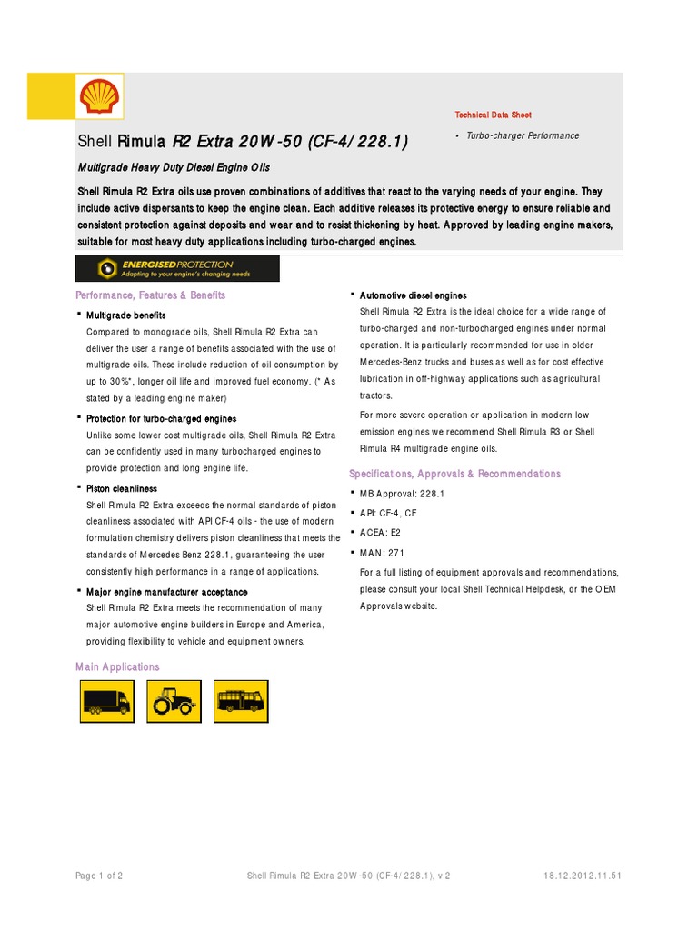 Shell Rimula R2 Extra 20W-50 (CF-4/228.1) : Performance, Features ...
