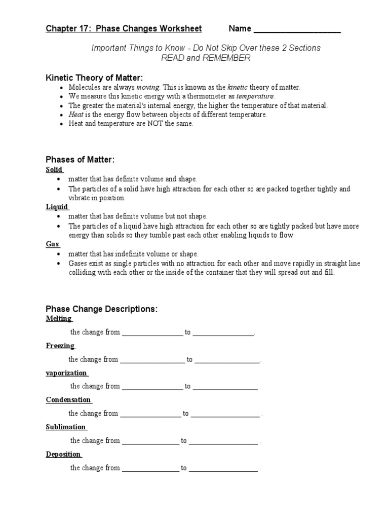 Chapter 17 Phase Changes Worksheet Glembocki | PDF | Phase (Matter) | Heat