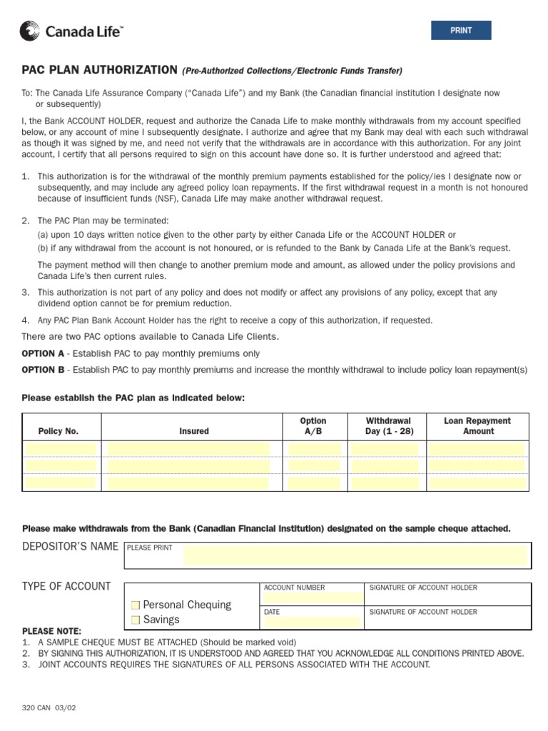 PAC Plan Authorization Form | PDF | Banks | Insurance