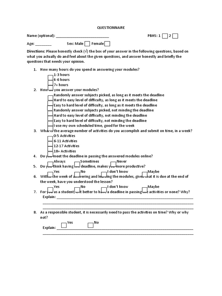 Directions: Please Honestly Check ( ) The Box of Your Answer in The ...