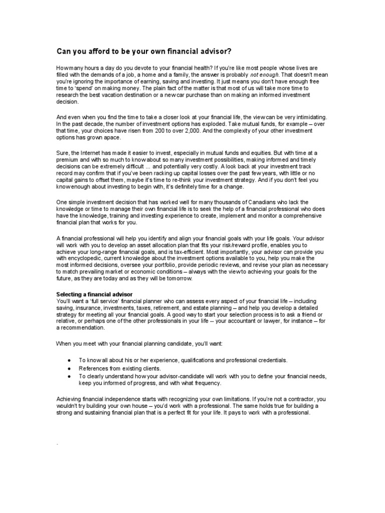Can You Afford To Be Your Own Financial Advisor | PDF | Asset ...