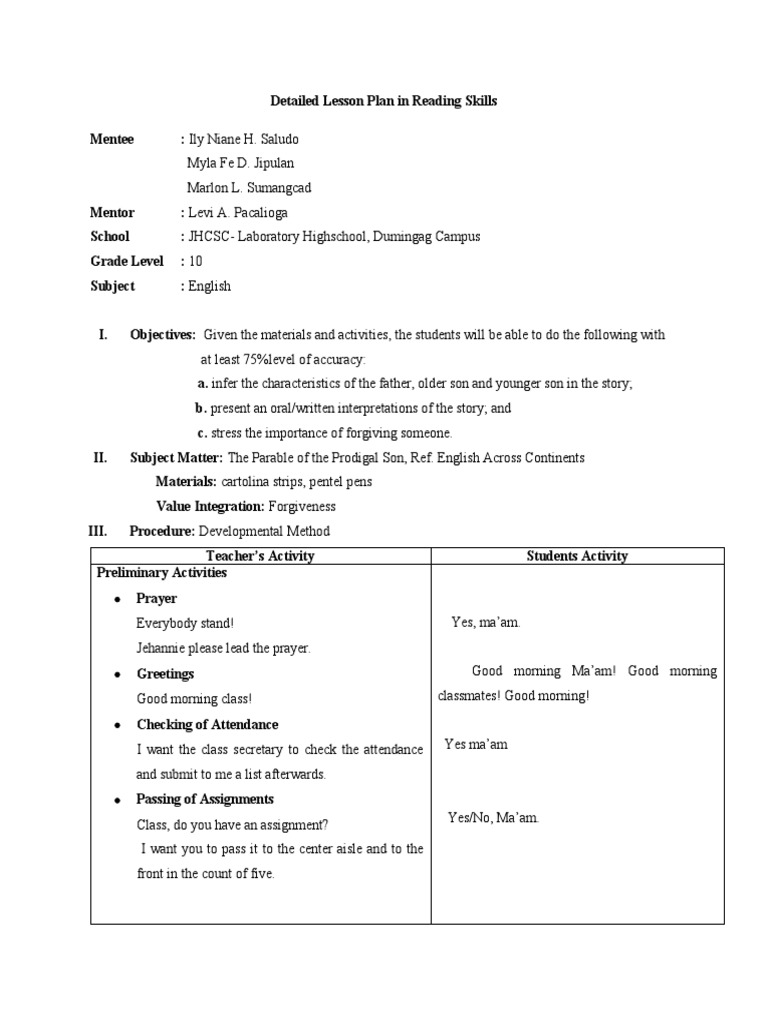Detailed Lesson Plan in Reading Skills | PDF | Lesson Plan | Mentorship