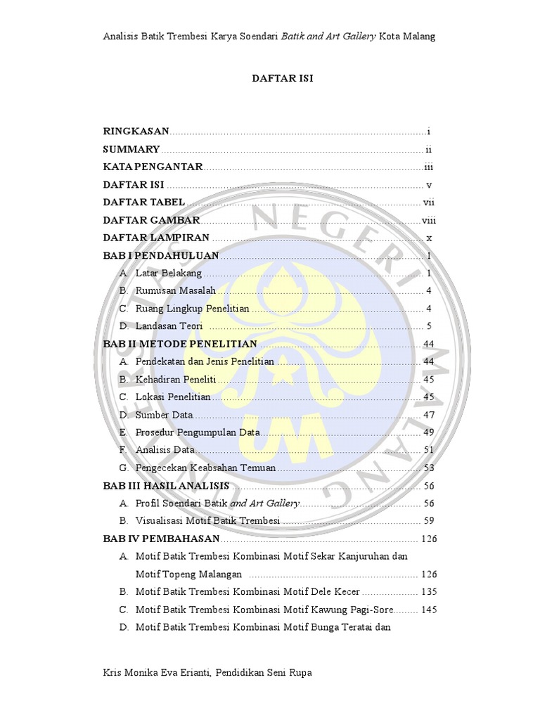 Daftar Isi Analisis Batik Trembesi Karya Soendari Batik and Art Gallery ...