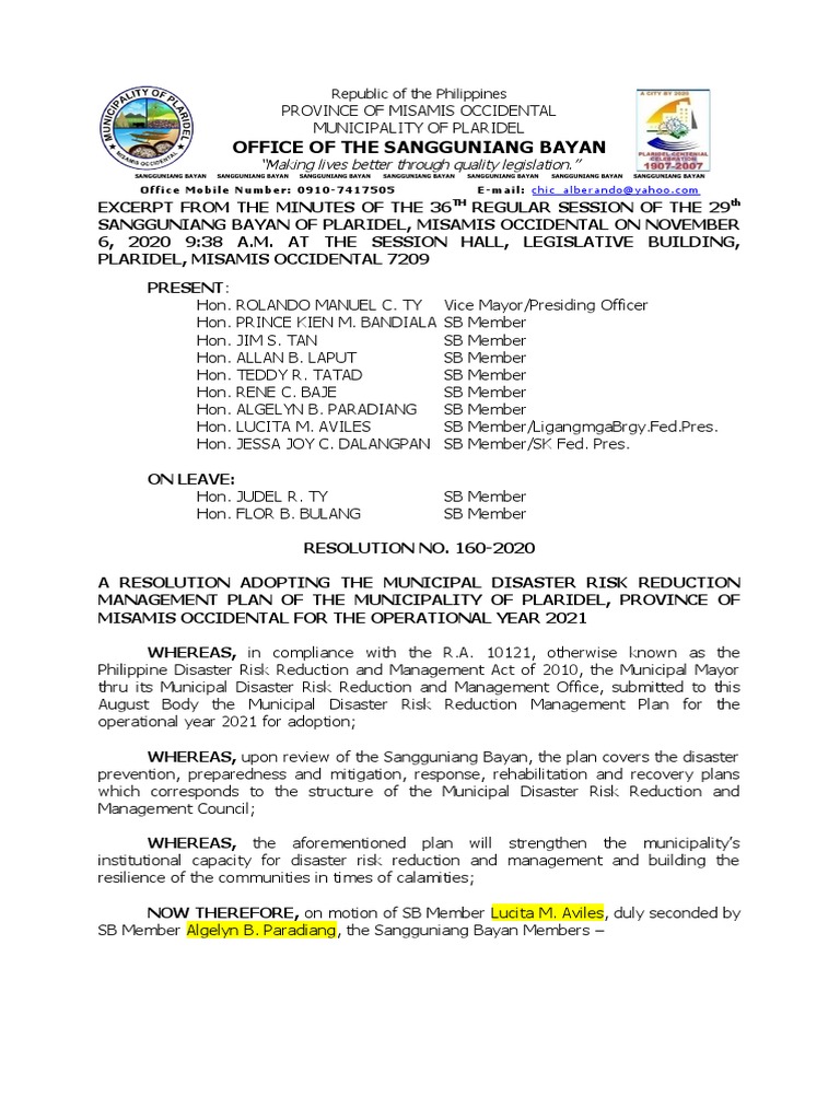 Draft Resolution No. 160-2020 - Adopting LDRRM Plan 2021 | PDF ...
