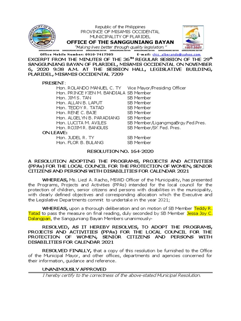 Draft Resolution No. 164-2020 - Adopting The PPAs For LCPC, Senior ...