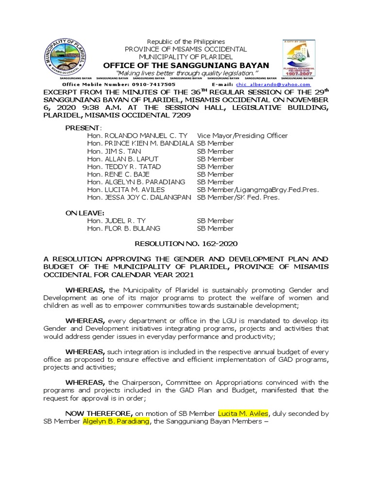 Draft Resolution No. 162-2020 - Approving GAD Plan and Budget 2021 ...