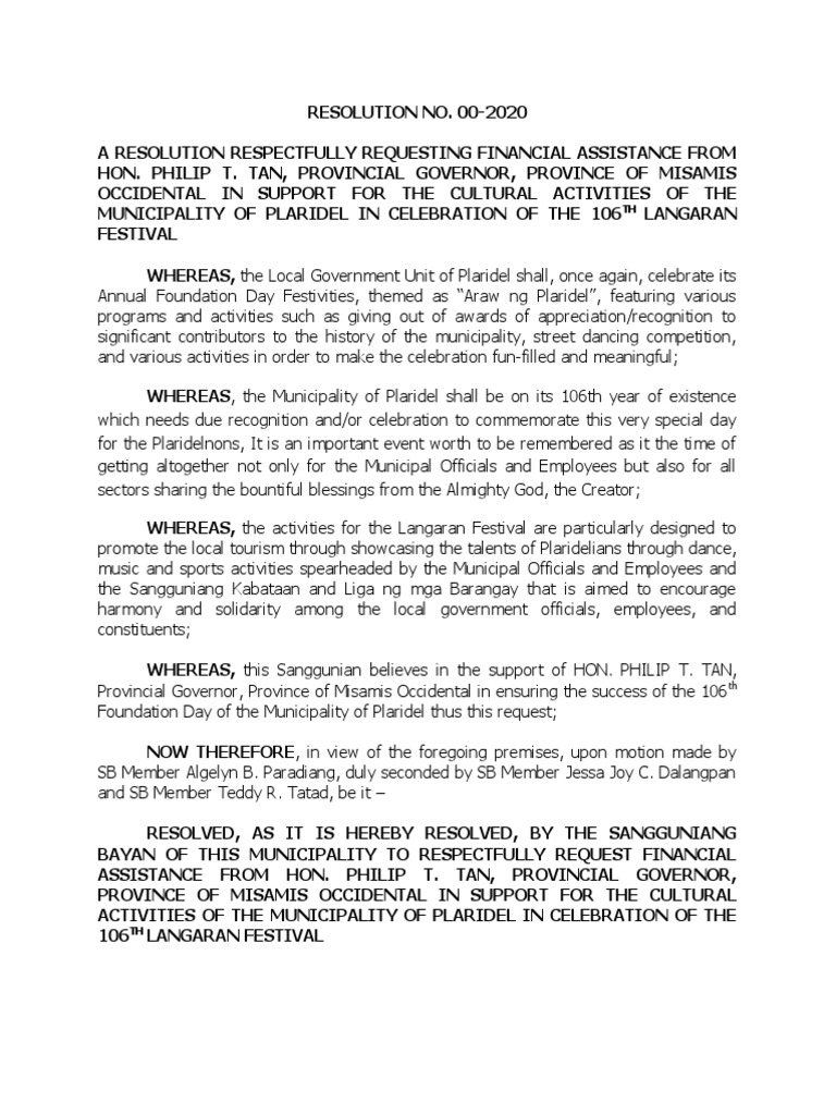 Draft Resolution No. 11-2020 - Requesting Financial Assistance For Araw ...
