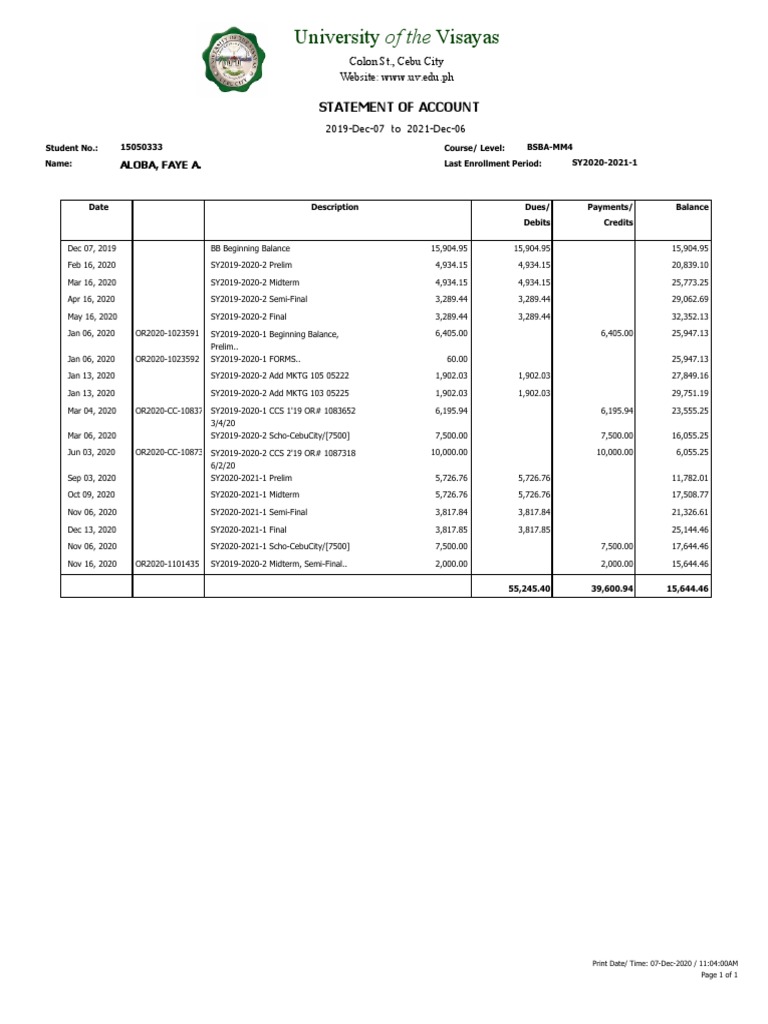 UV Cebu student account statement | PDF | Financial Services | Business