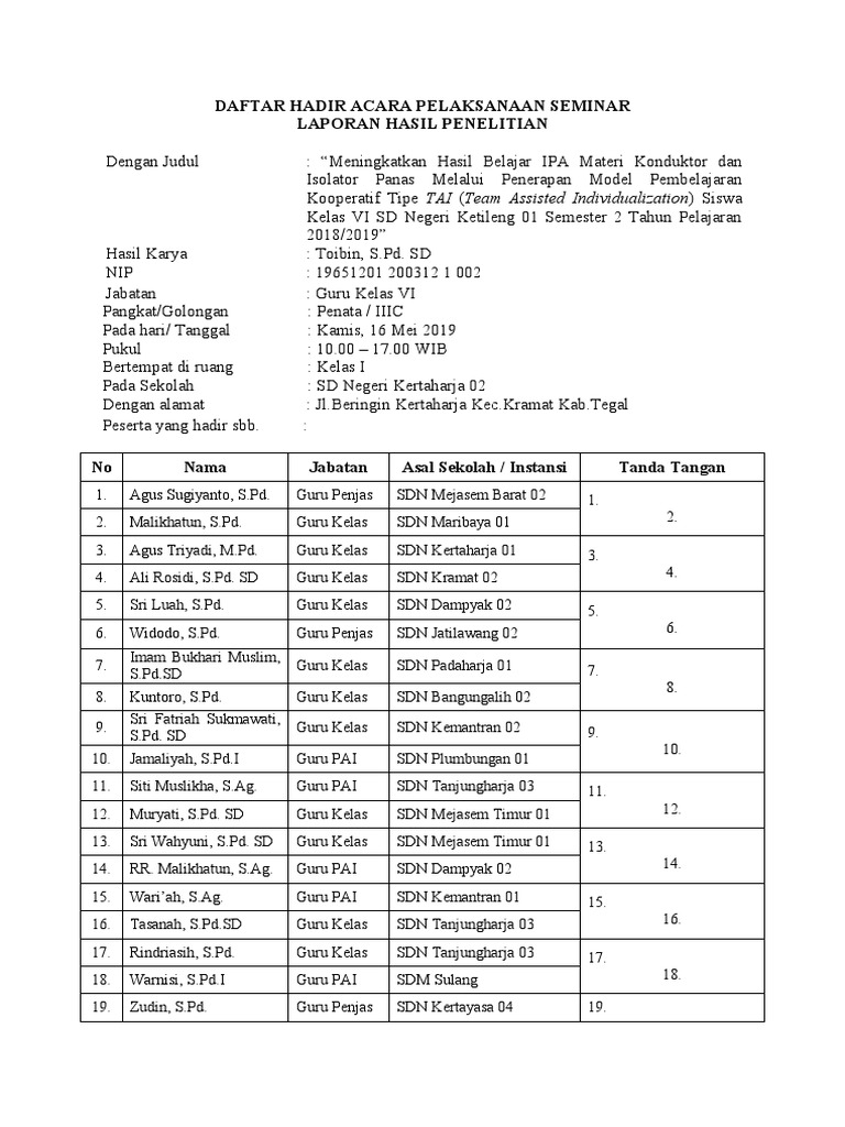 Daftar Hadir Acara Pelaksanaan Seminar | PDF