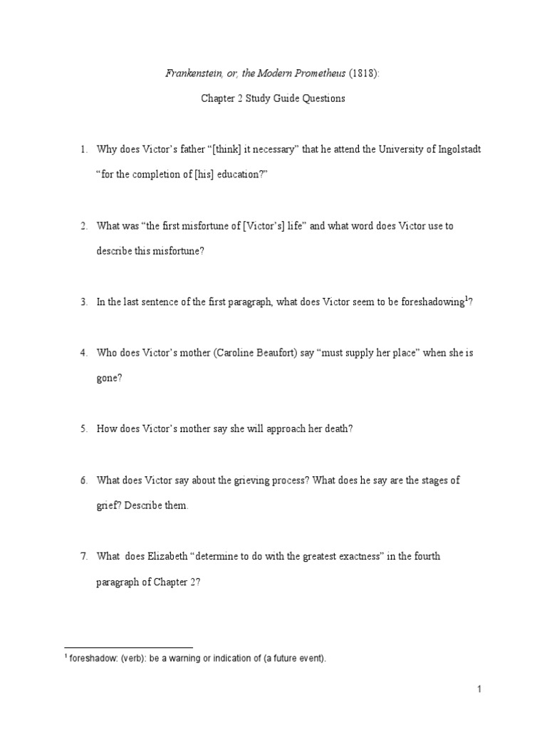 CHAPTER 2 STUDY GUIDE QUESTIONS (Frankenstein 1818 Text) | PDF ...