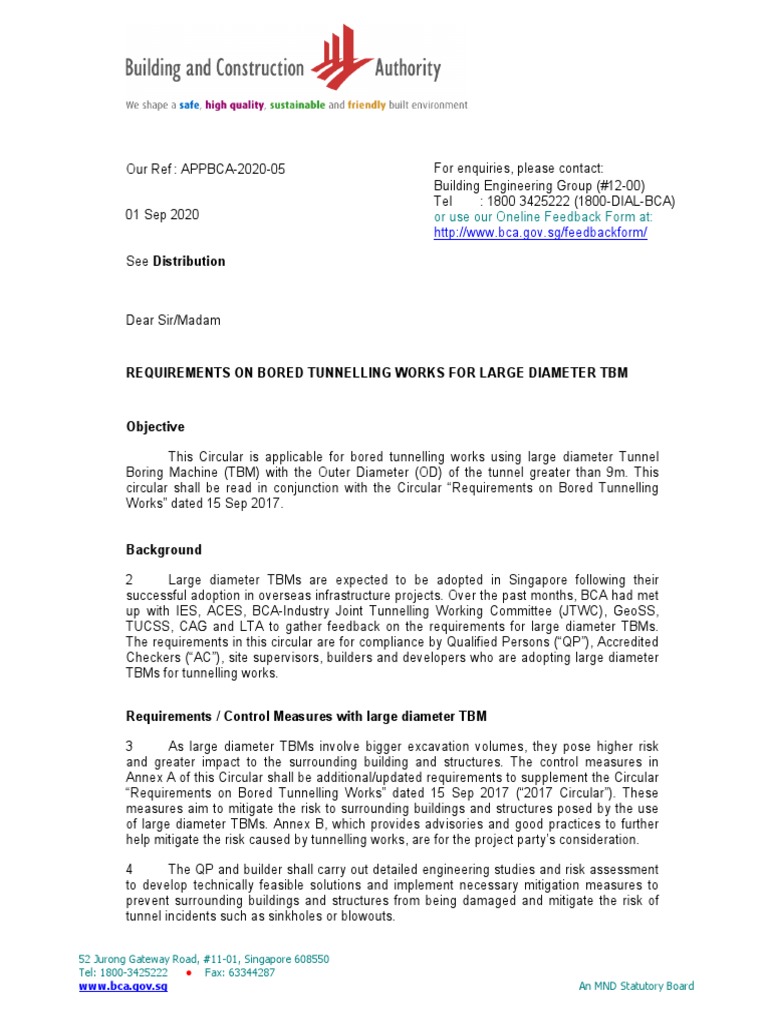 BCA Circular For Large Diameter Tunnelling 1 Sep (APPBCA-2020-05) | PDF | Tunnel | Risk