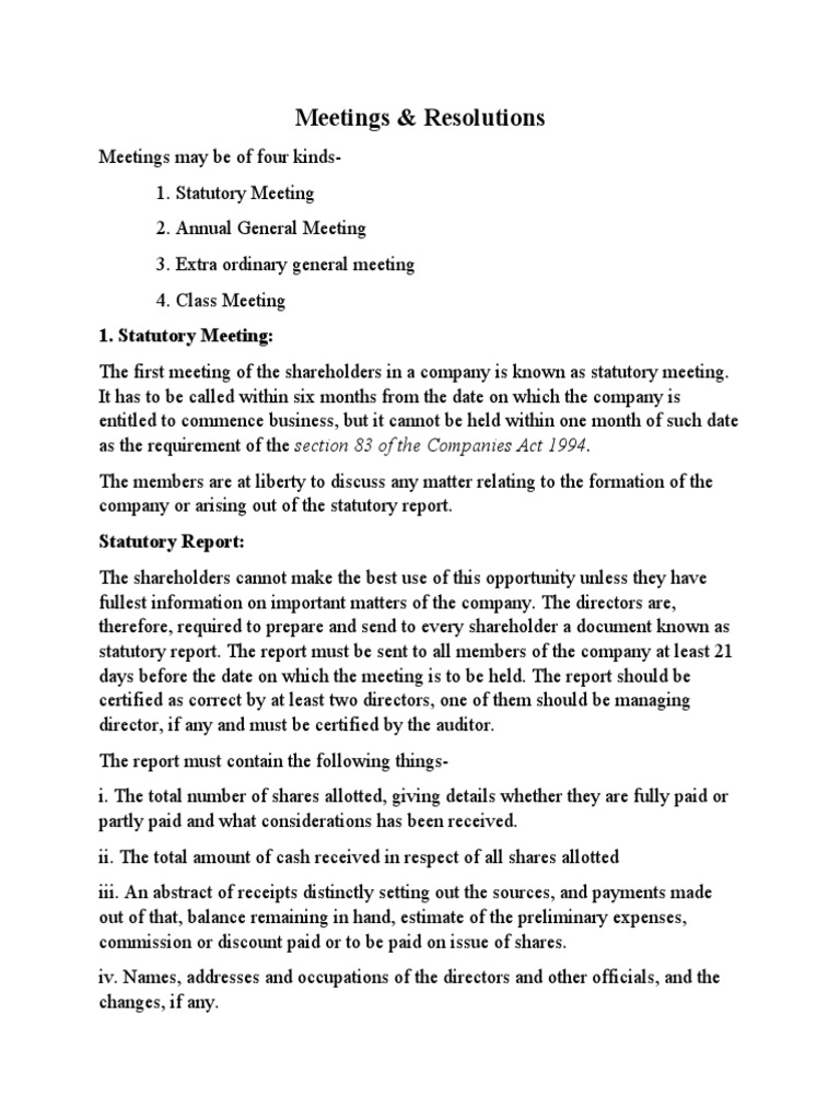 Meetings & Resolutions: 1. Statutory Meeting | PDF | Board Of Directors ...