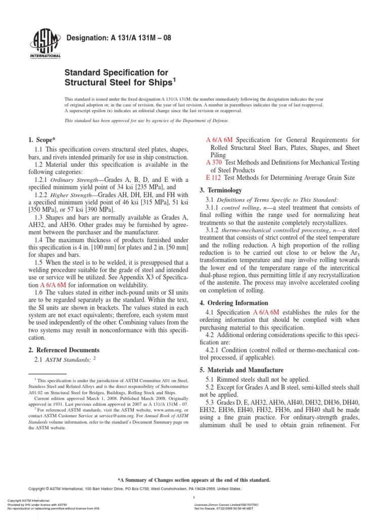 011-Astm A 131 2008 Structural Steel For Ships PDF | PDF | Structural ...