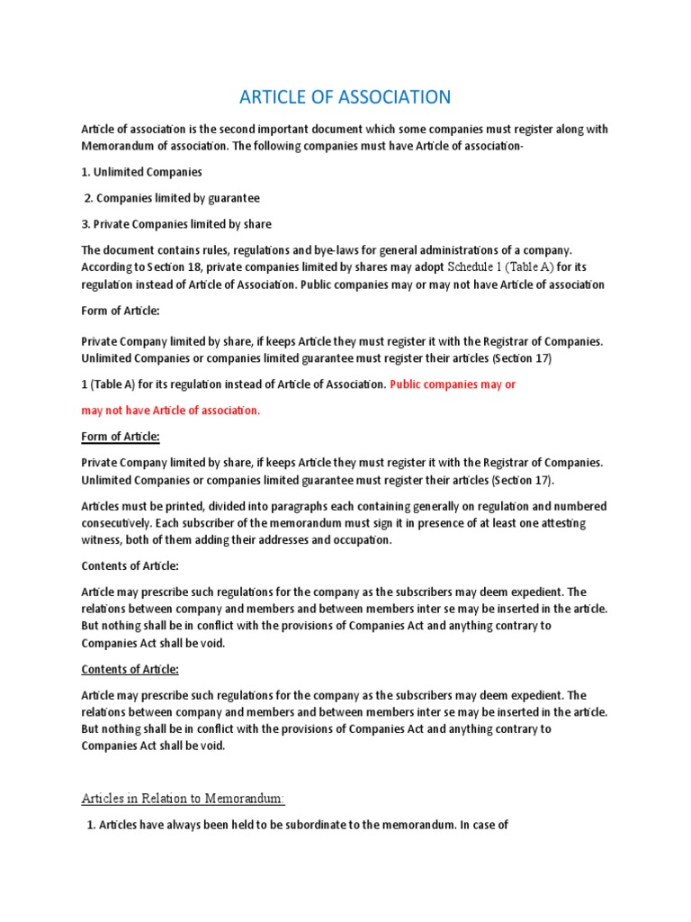 Article of Association | PDF | Legal Concepts | Business Law