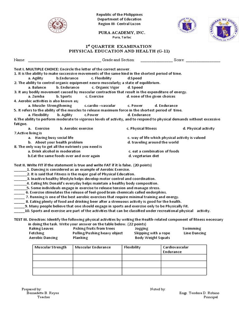 PEHE - 11 - 1st Quarter Exam | PDF | Physical Fitness | Aerobic Exercise