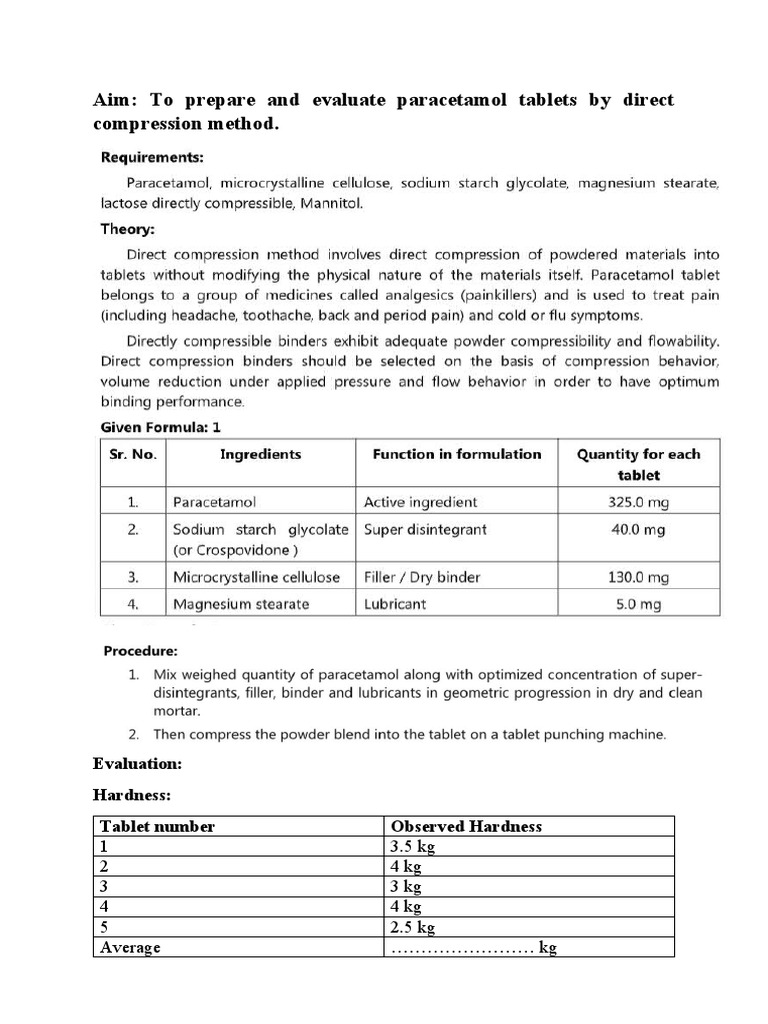 Evaluation of Paracetamol Tablets Prepared by Direct Compression Method ...