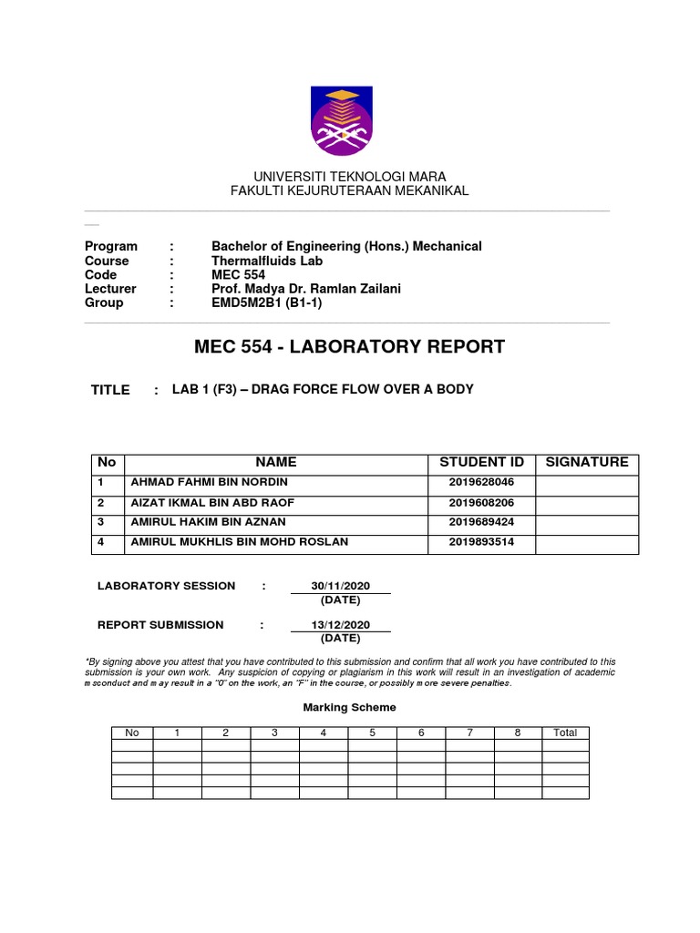 LAB 3 Drag Force Flow Over A Body Report | PDF | Drag (Physics) | Fluid ...