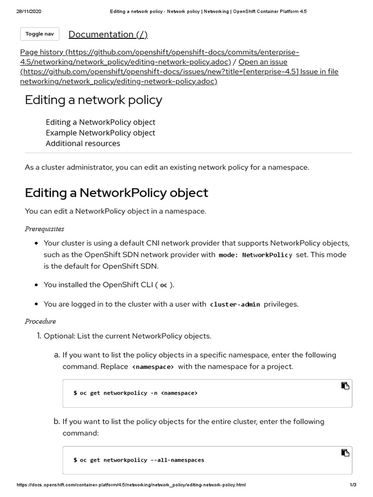 Editing A Network Policy - Network Policy - Networking - OpenShift Container Platform 4.5 | PDF ...