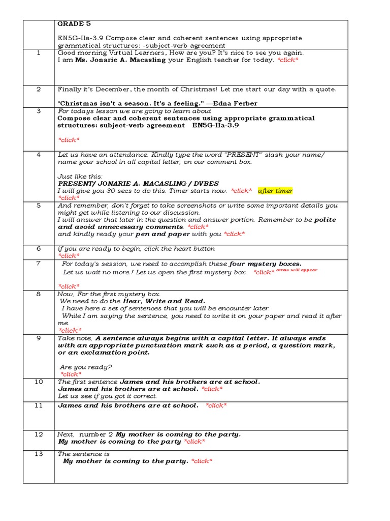 Subject-Verb Agreement for Grade 5 | PDF | Subject (Grammar ...