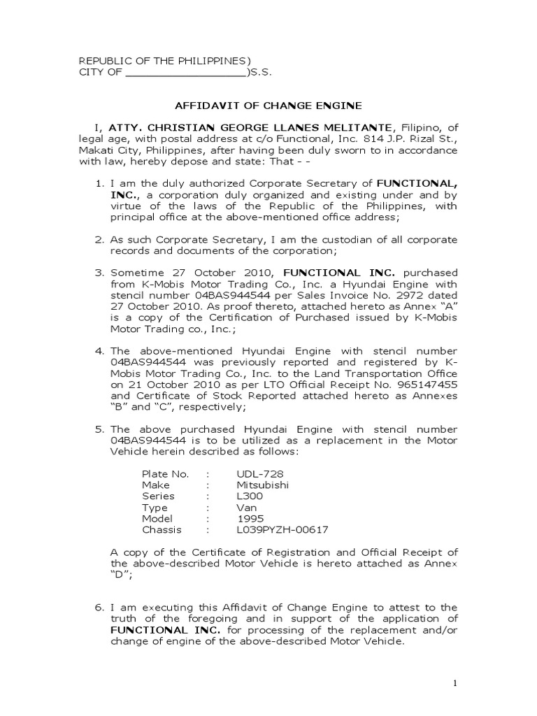 Affidavit of Change Engine | PDF | Motor Vehicle | Vehicles