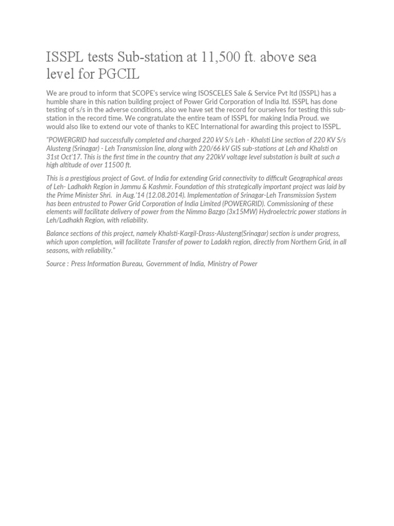 ISSPL Tests Sub-Station at 11,500 Ft. Above Sea Level For PGCIL | PDF