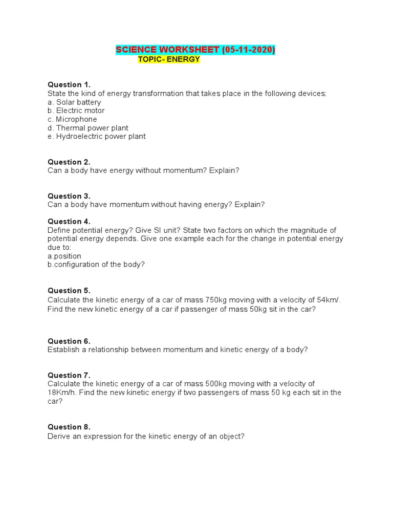 Work Questions For Practice | PDF | Kinetic Energy | Potential Energy