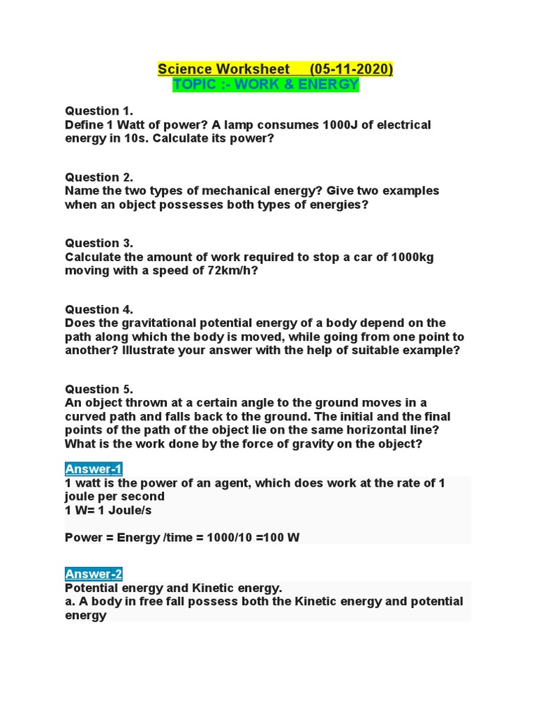 Work and Energy Science Worksheet | PDF | Science & Mathematics