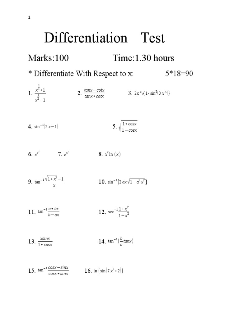Differentiation Test: Marks:100 Time:1.30 Hours | PDF | Teaching ...