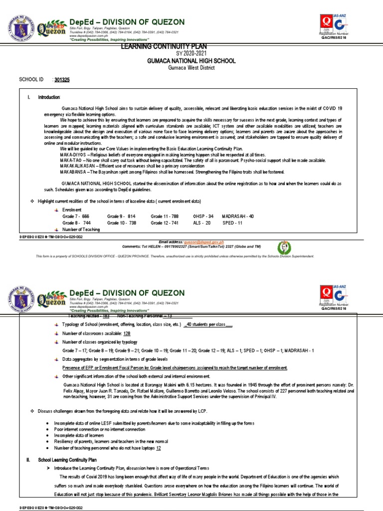 Deped - Division of Quezon: Learning Continuity Plan | PDF ...