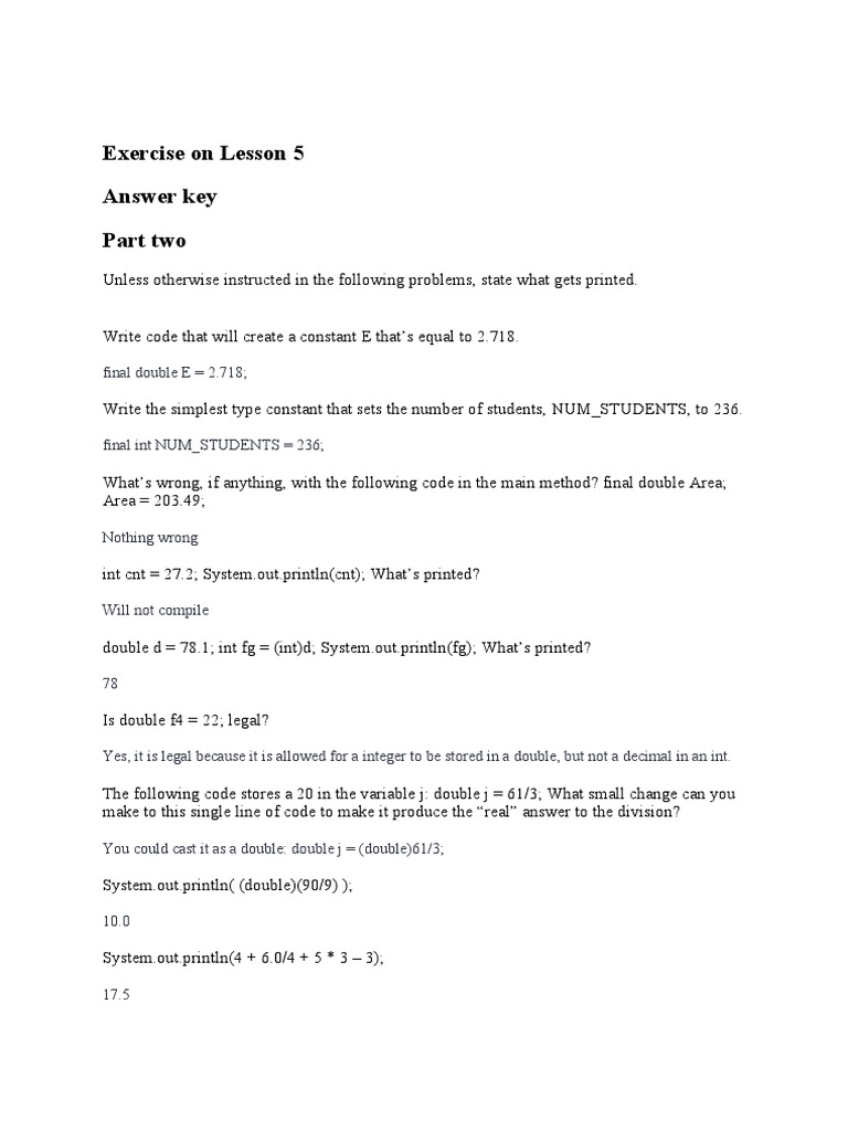 Java Coding Exercises and Answers | PDF | Boolean Data Type | Integer (Computer Science)