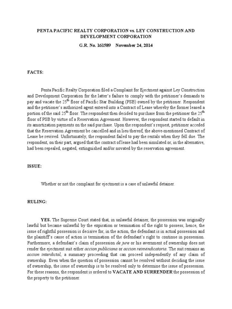Ejectment Case: Penta Pacific Realty vs. Ley Construction | PDF | Law ...