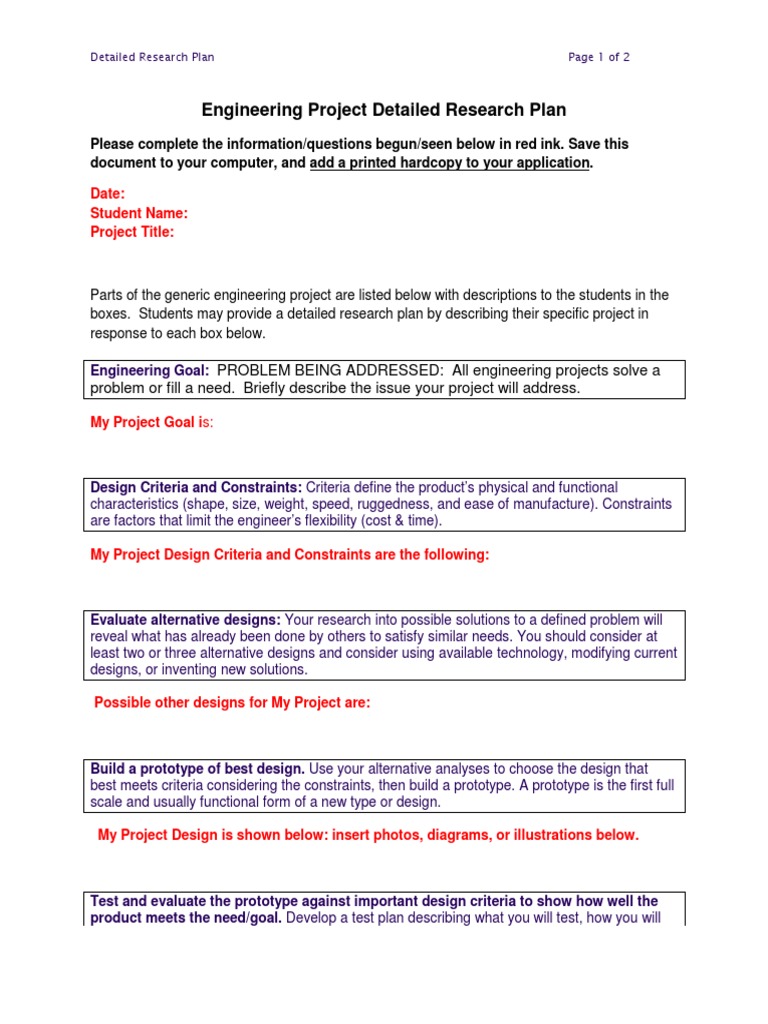 Engineering Project Detailed Research Plan | PDF | Prototype | Design