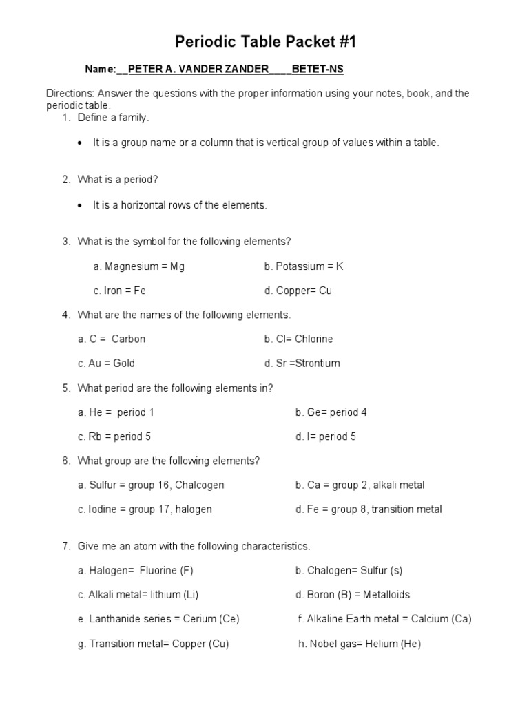 Periodic Table Worksheet | PDF