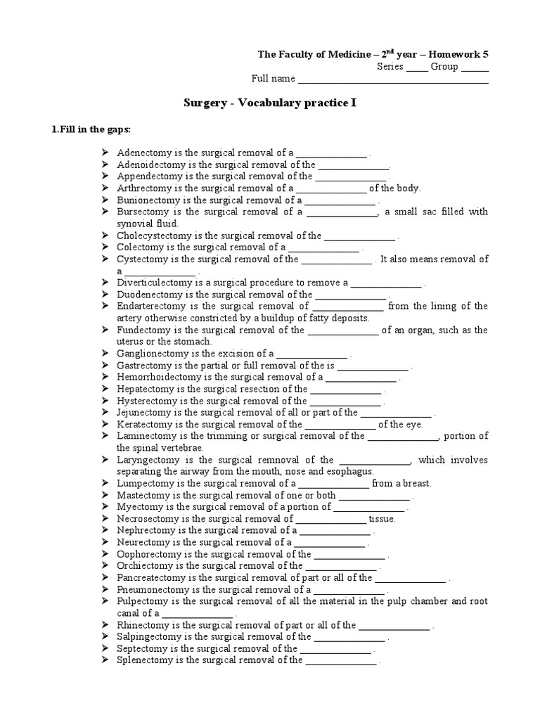 Surgery - Vocabulary Practice I: The Faculty of Medicine - 2 Year ...