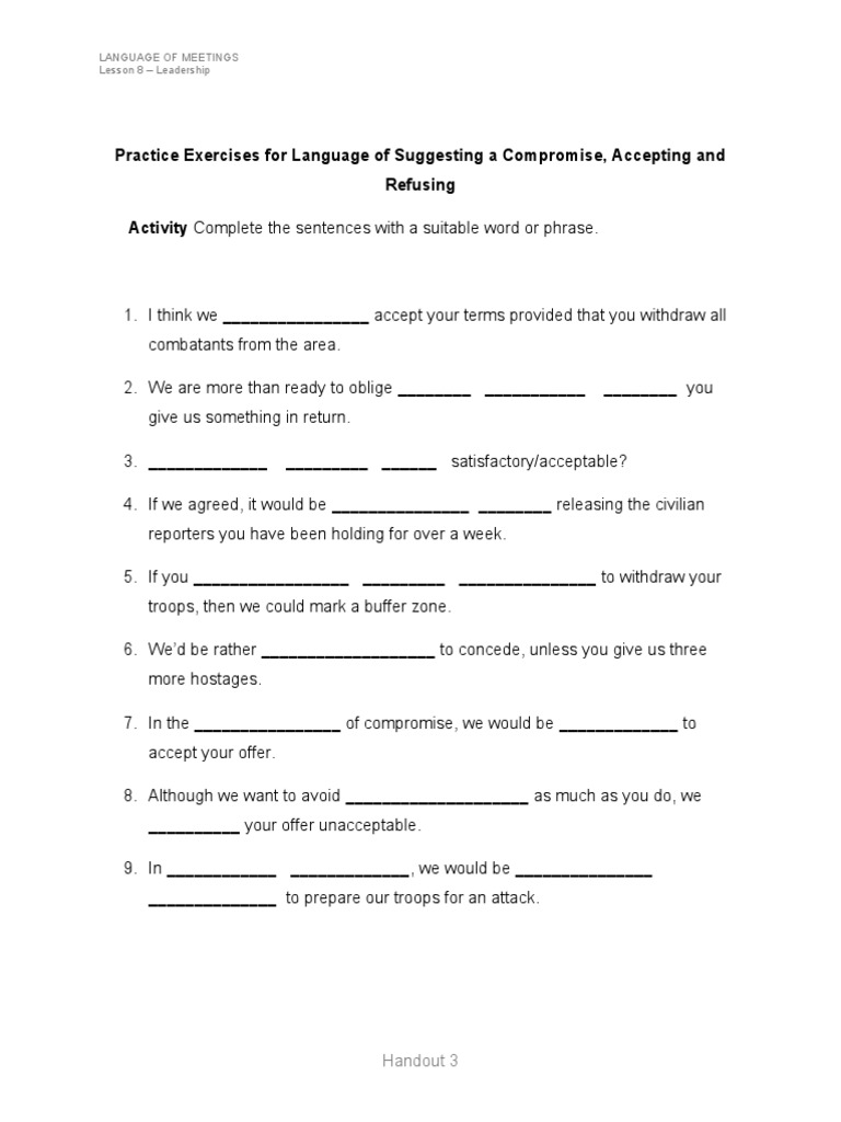 Practice Exercises For Language of Suggesting A Compromise, Accepting ...